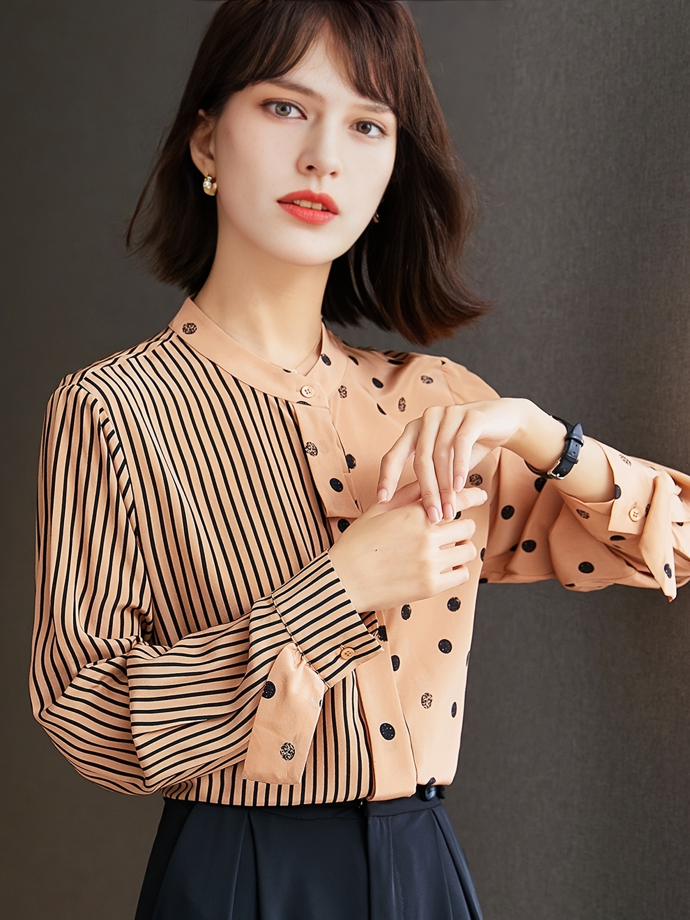 polka dot crew neck striped blouses casual loose long sleeve - Temu ...