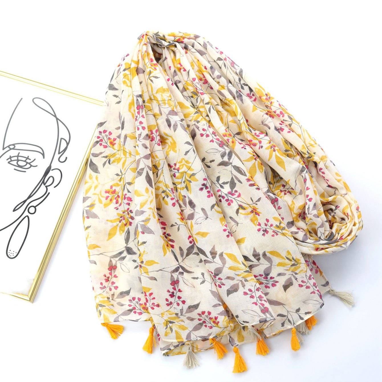Yellow Floral Print Scarf Bohemian Tassel Casual Shawl - Temu New Zealand