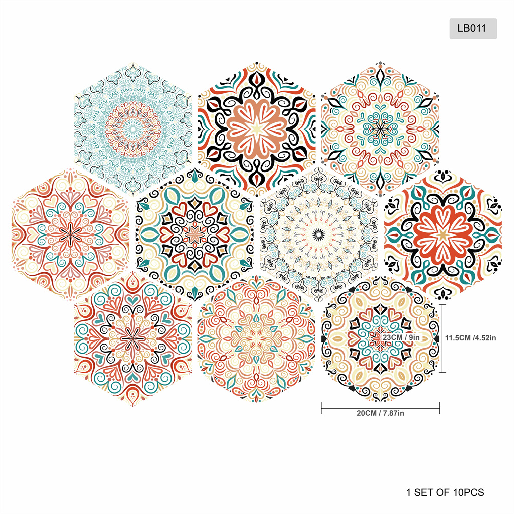 Set Of 10pcs Bohemian Mandala Style Hexagonal Tile Stickers 7 87 9inch ...