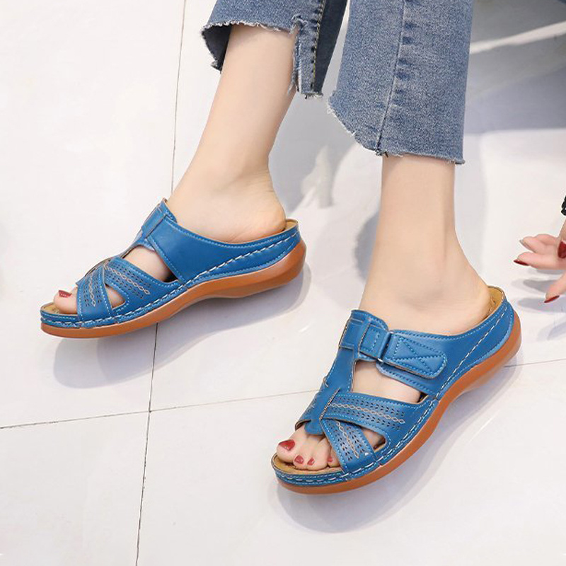 Women's Wedge Hook Loop Strap Slippers Cross Strap Open Toe - Temu ...