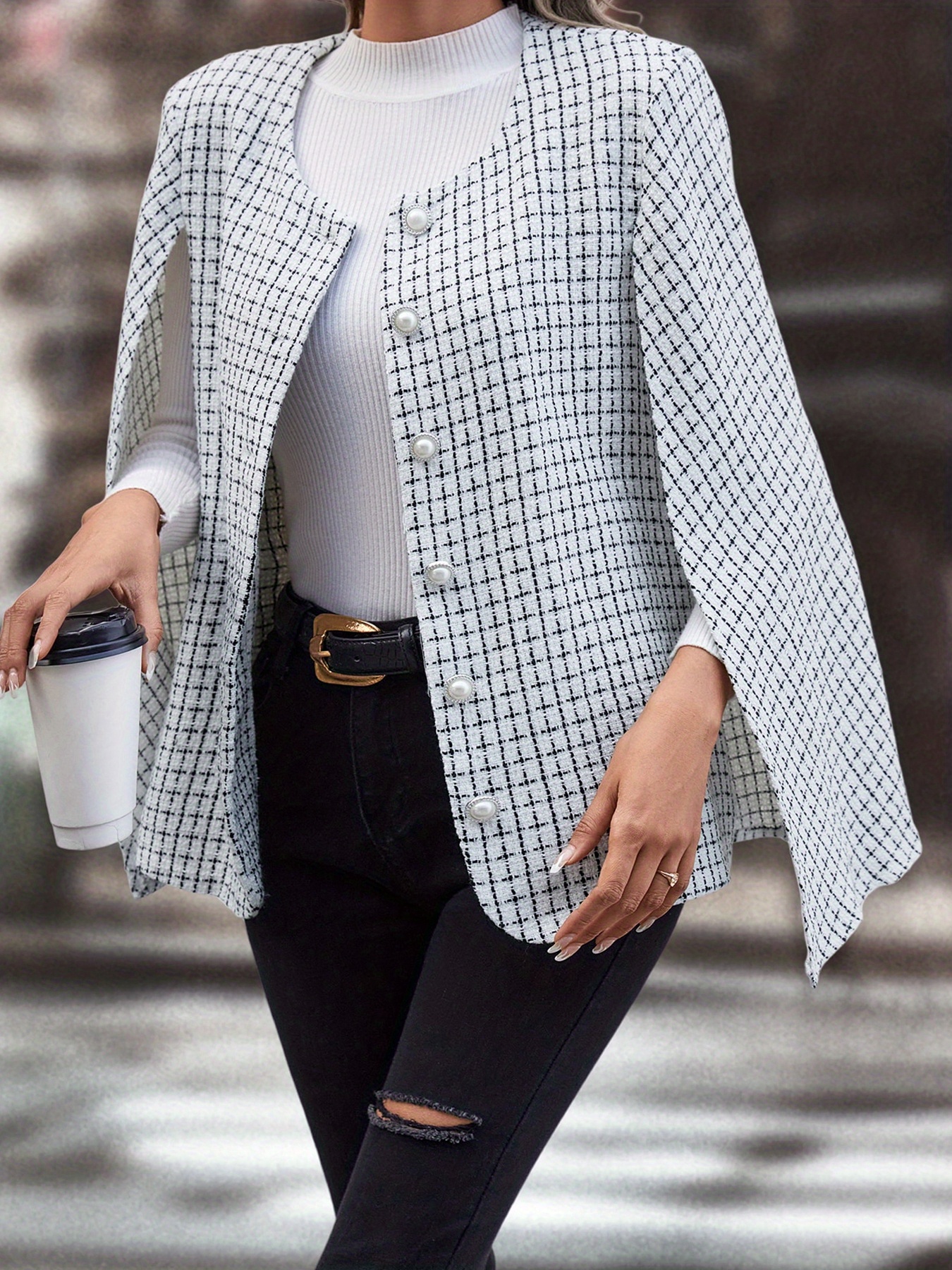 Plaid Beaded Button Cloak Sleeve Blazer Elegant Crew Neck - Temu Norway