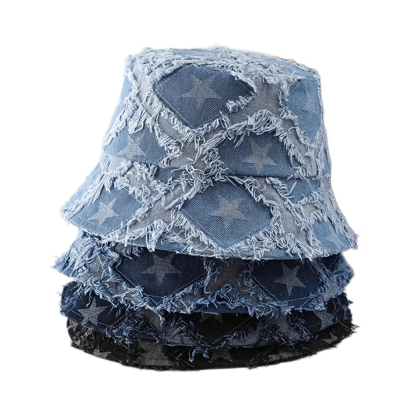 Vintage Distressed Denim Bucket Hat Solid Color Star Graphic - Temu