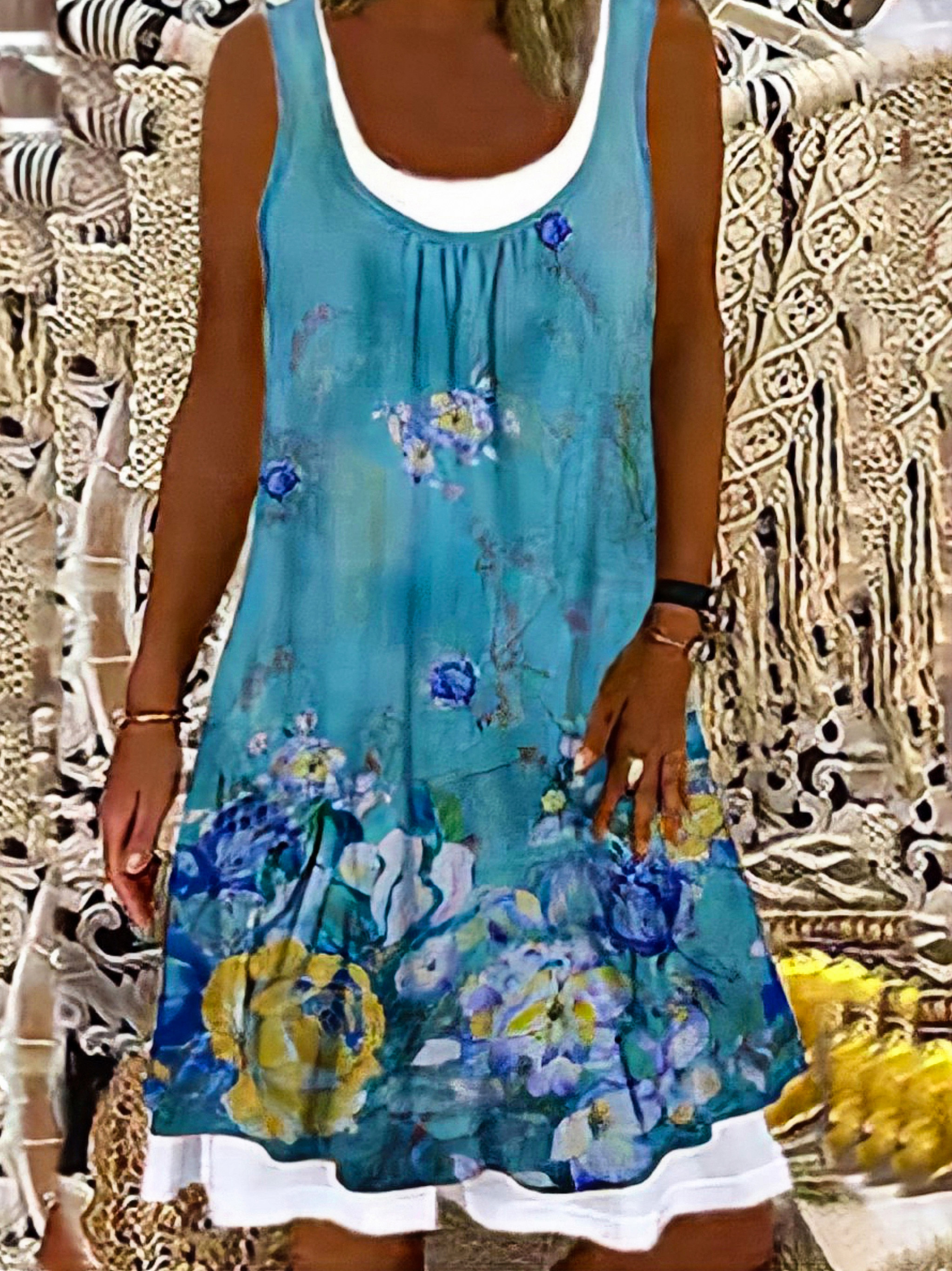 Floral Print Stitching Dress Casual Crew Neck Sleeveless - Temu Canada