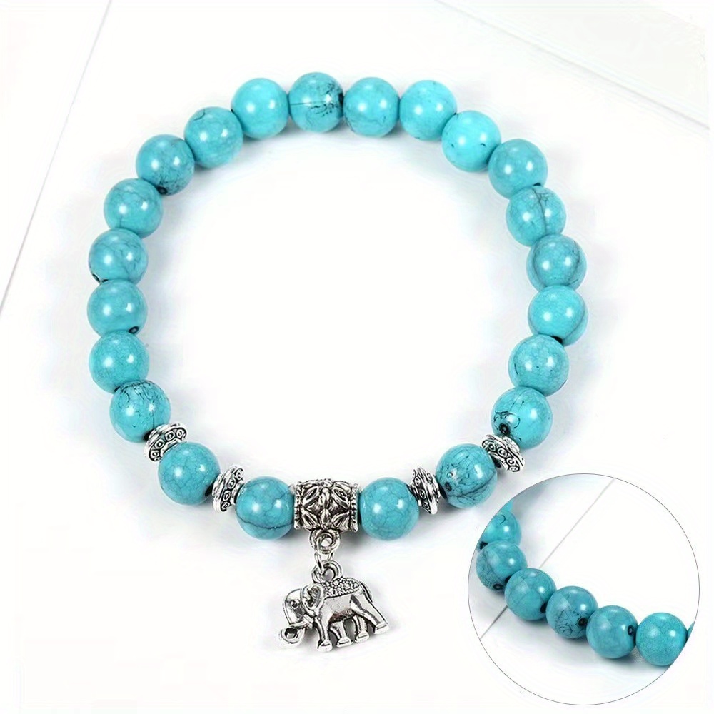 blue turquoise stone elephant bracelet fashion round beads - Temu Canada