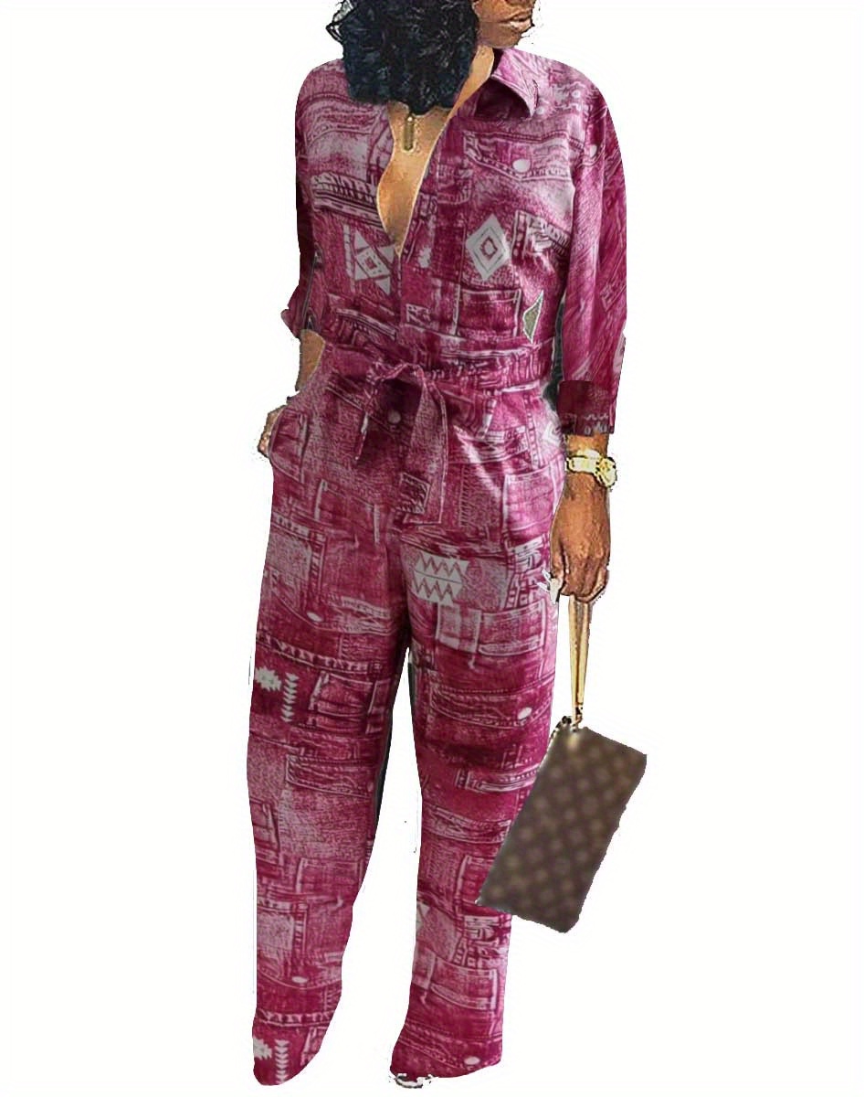 Geometric pattern Belted Jumpsuit Casual Wide Leg Button - Temu South Africa