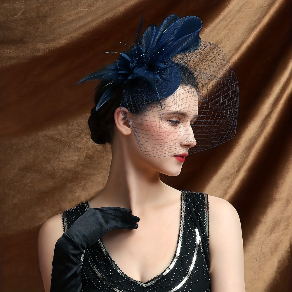 Solid Color Elegant Mesh Headwear Hat Feather Bead Flower - Temu ...