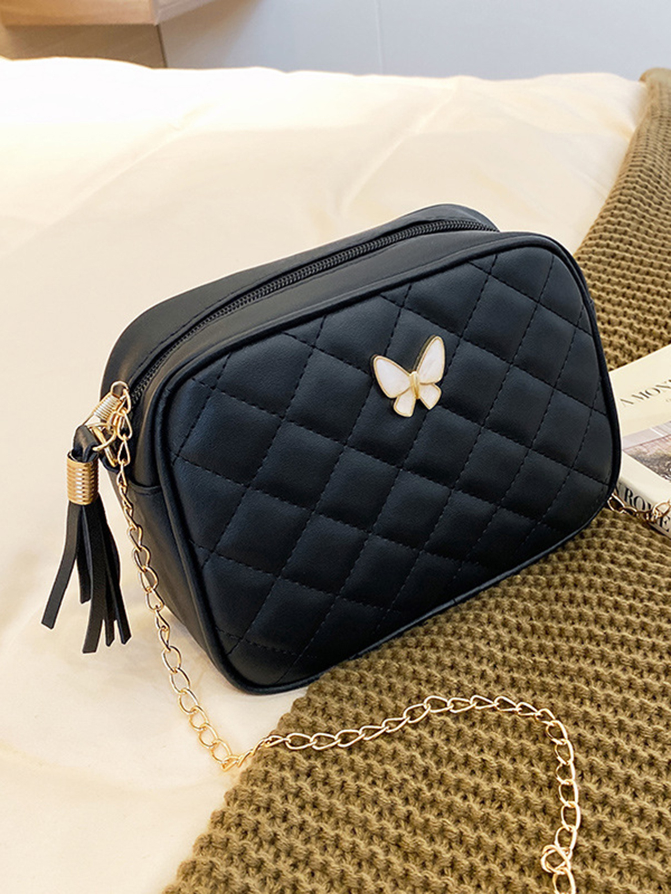 Argyle Chain Camera Bag Small Bag Leisure Simple Embroidered - Temu