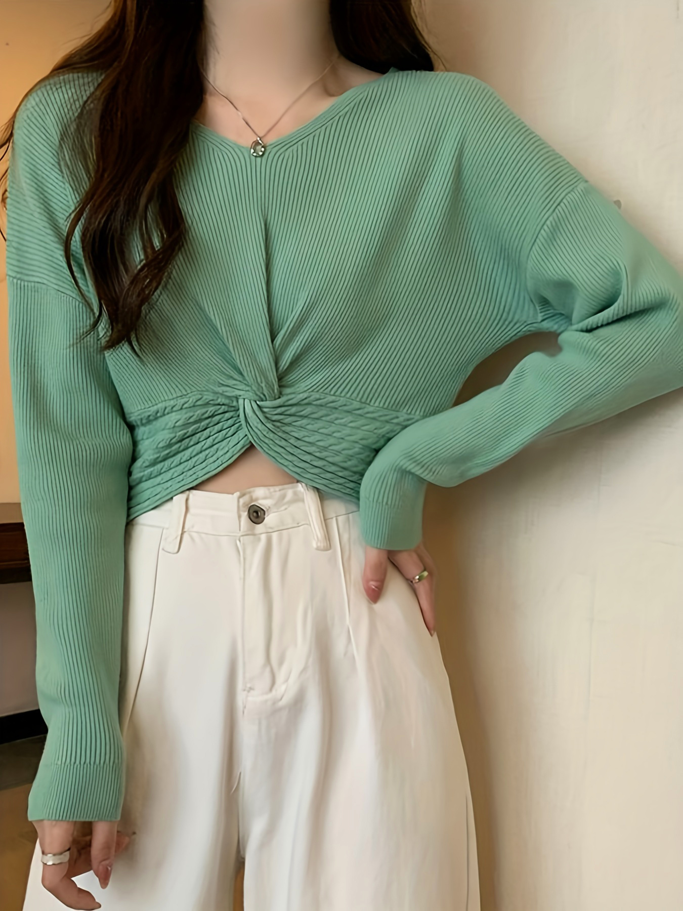 Solid Twist Front Knitted Sweater Casual V Neck Long Sleeve - Temu ...