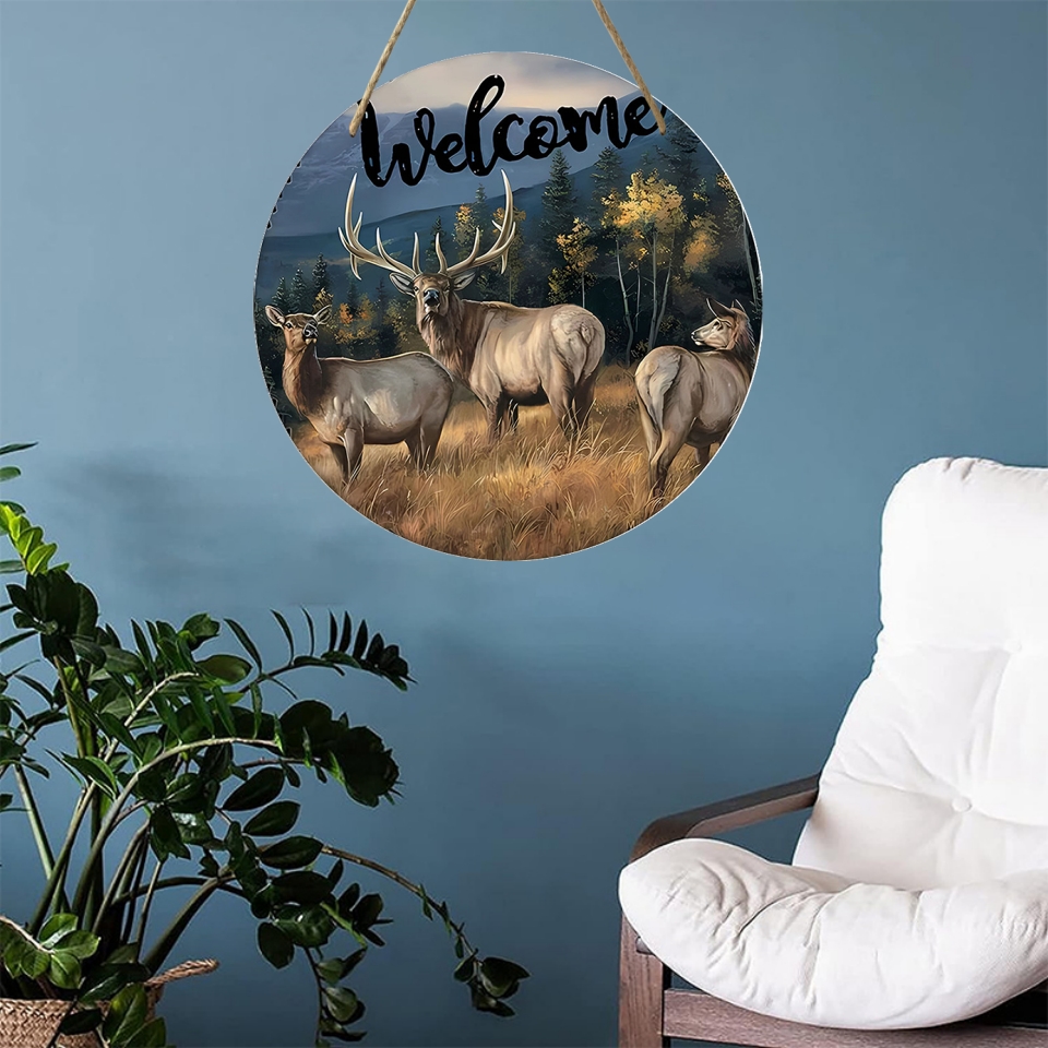 Round Wood Tin Sign Rustic Wall Decor Welcome Elk Sign - Temu