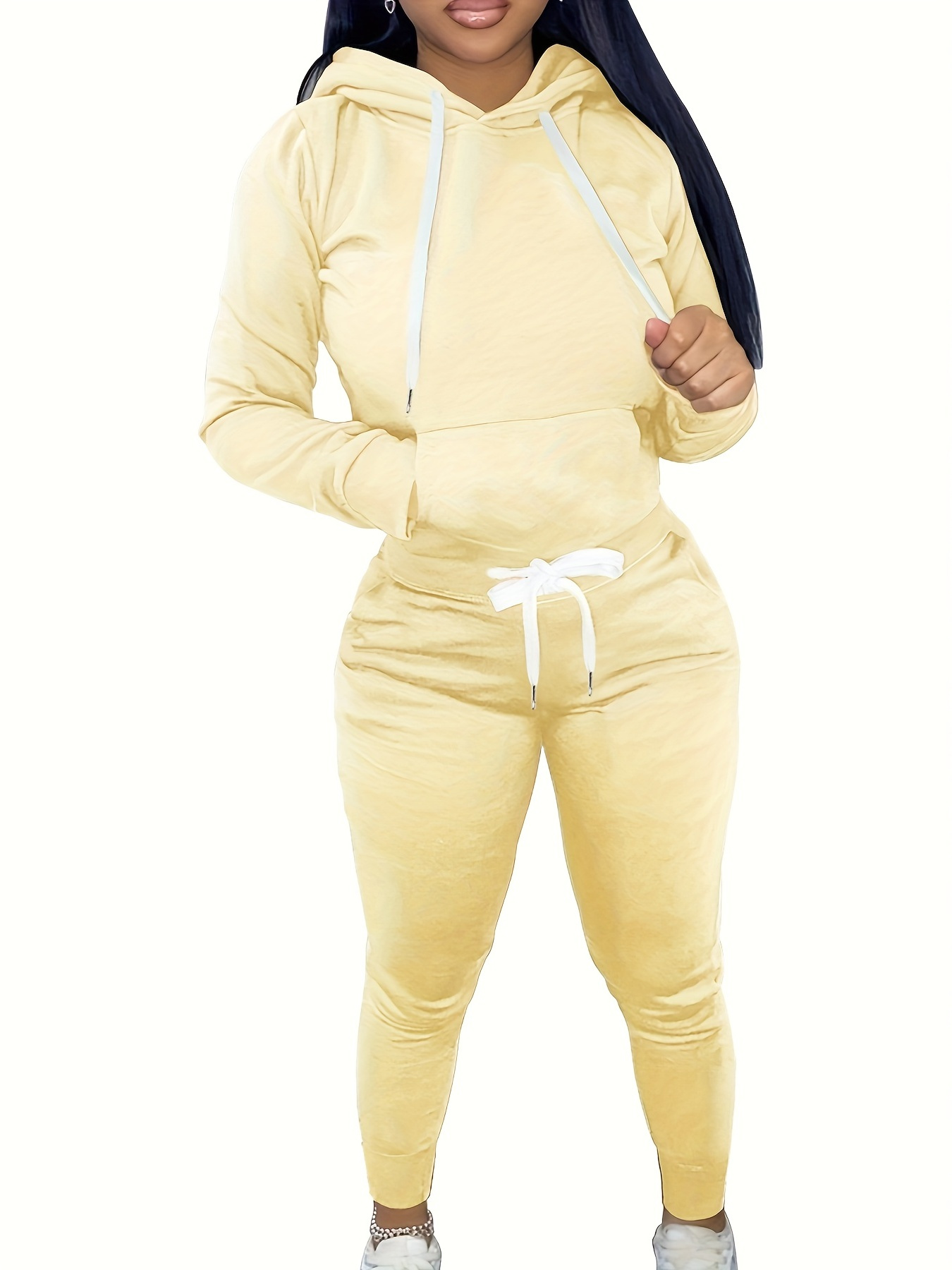 Solid Drawstring Two piece Set Zip Long Sleeve Hoodies - Temu Norway