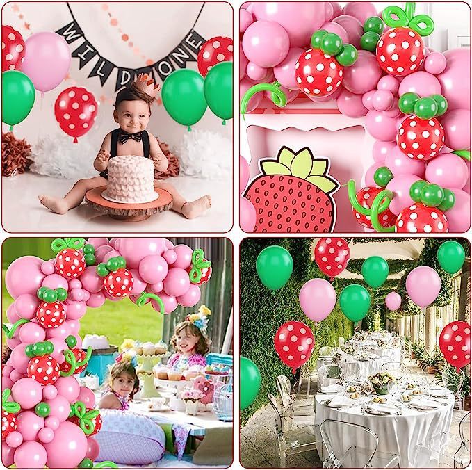 99pcs 딸기 테마 파티 장식 풍선 생일 파티 장식 핑크 그린 풍선 딸기 1 년 생일 테마 파티 소녀 베이비 샤워 파티