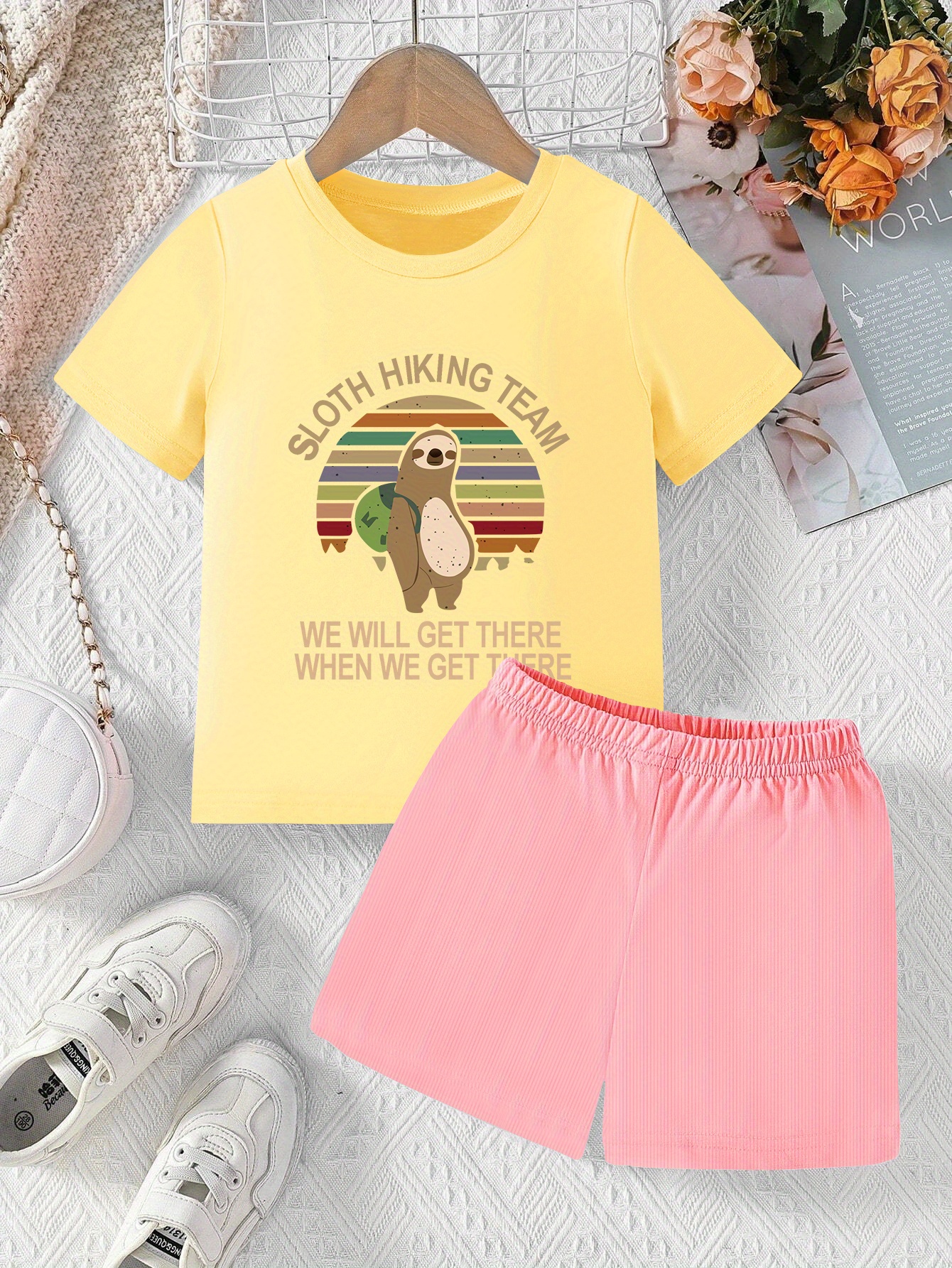 Cartoon Animal Pattern Girl's T shirt Shorts Set Sloth - Temu Australia