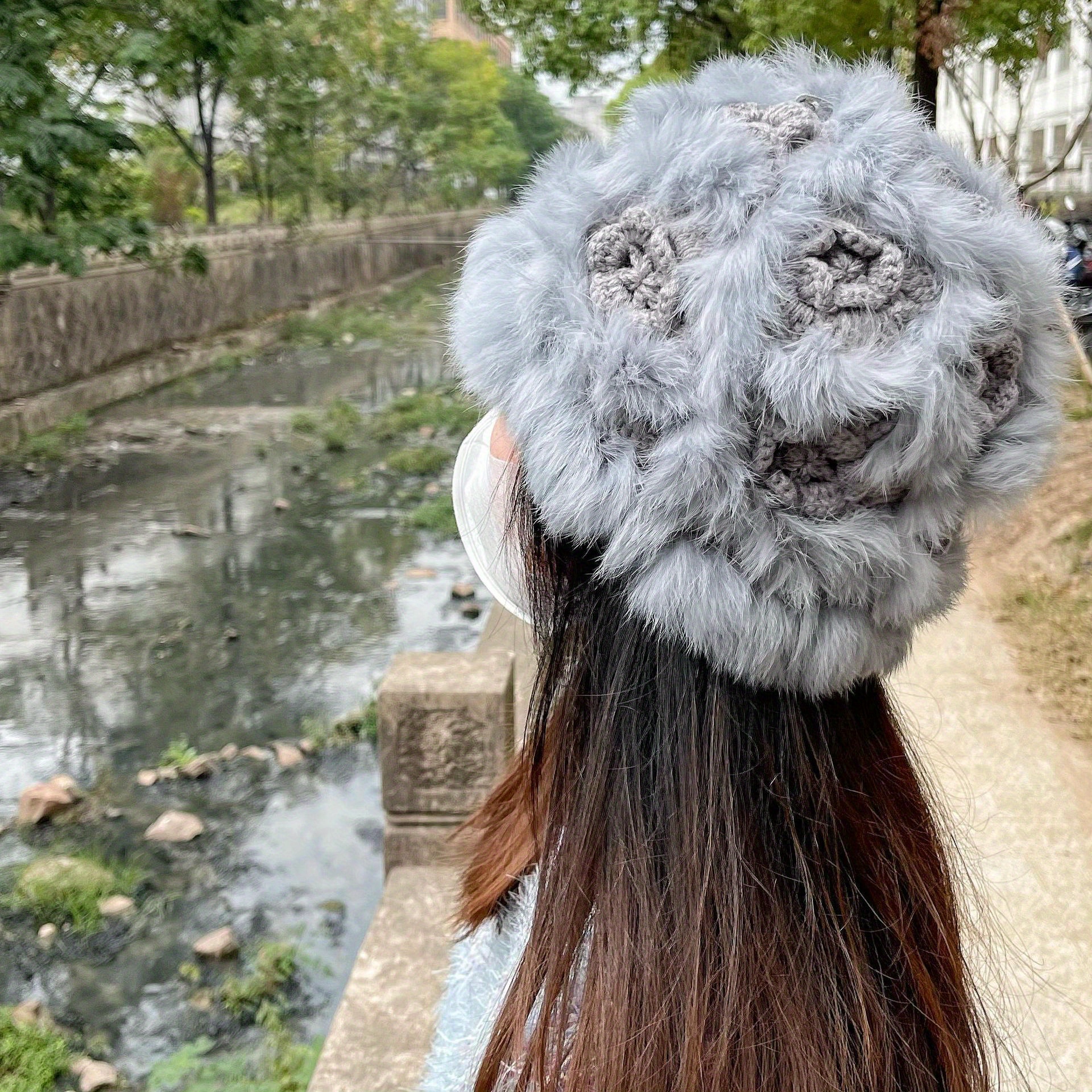 Elegant Fur Bucket Hat Flower Hollow Crochet Fuzzy - Temu Canada