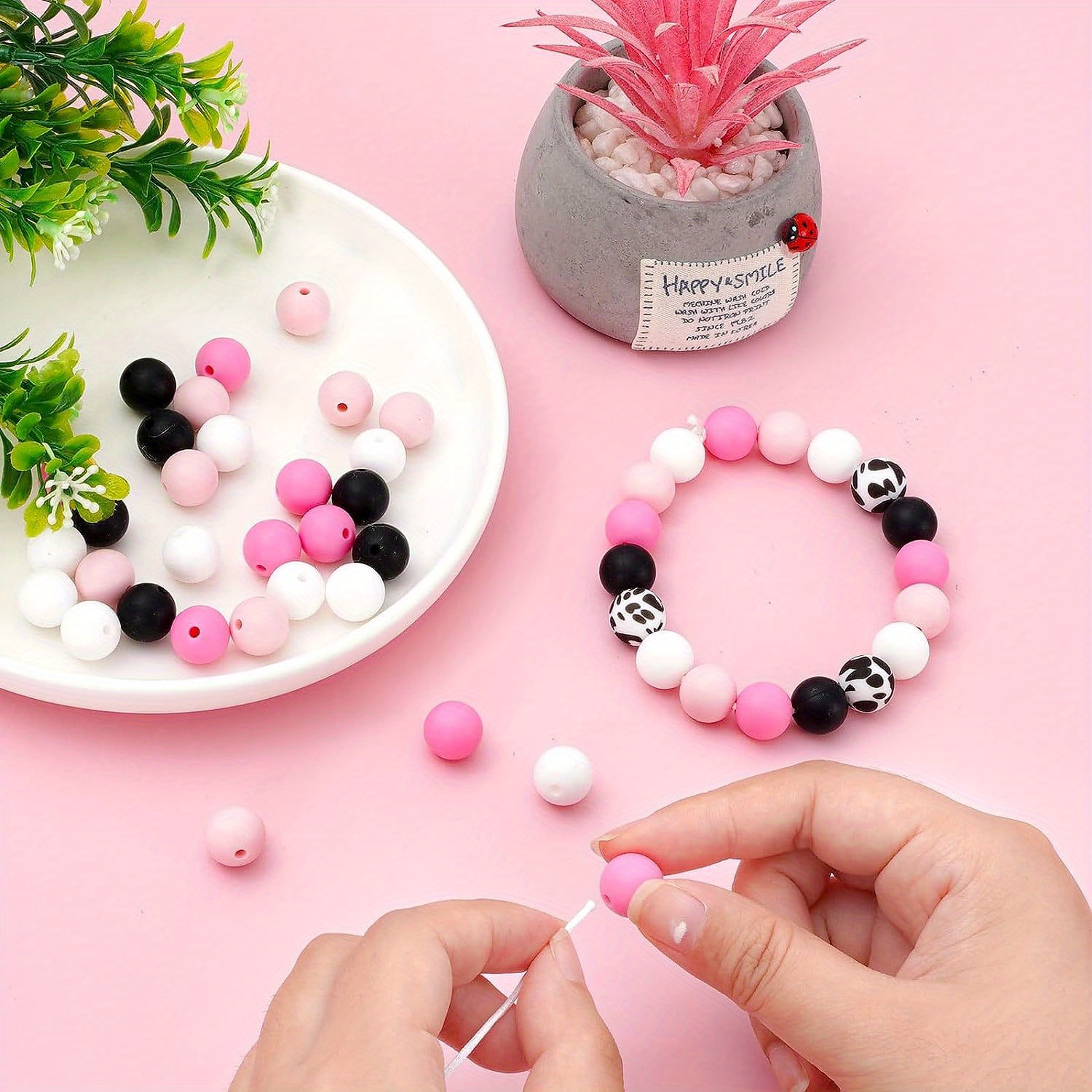 Cow Print Silicone Beads Pink Black Round Rubber Loose - Temu Canada