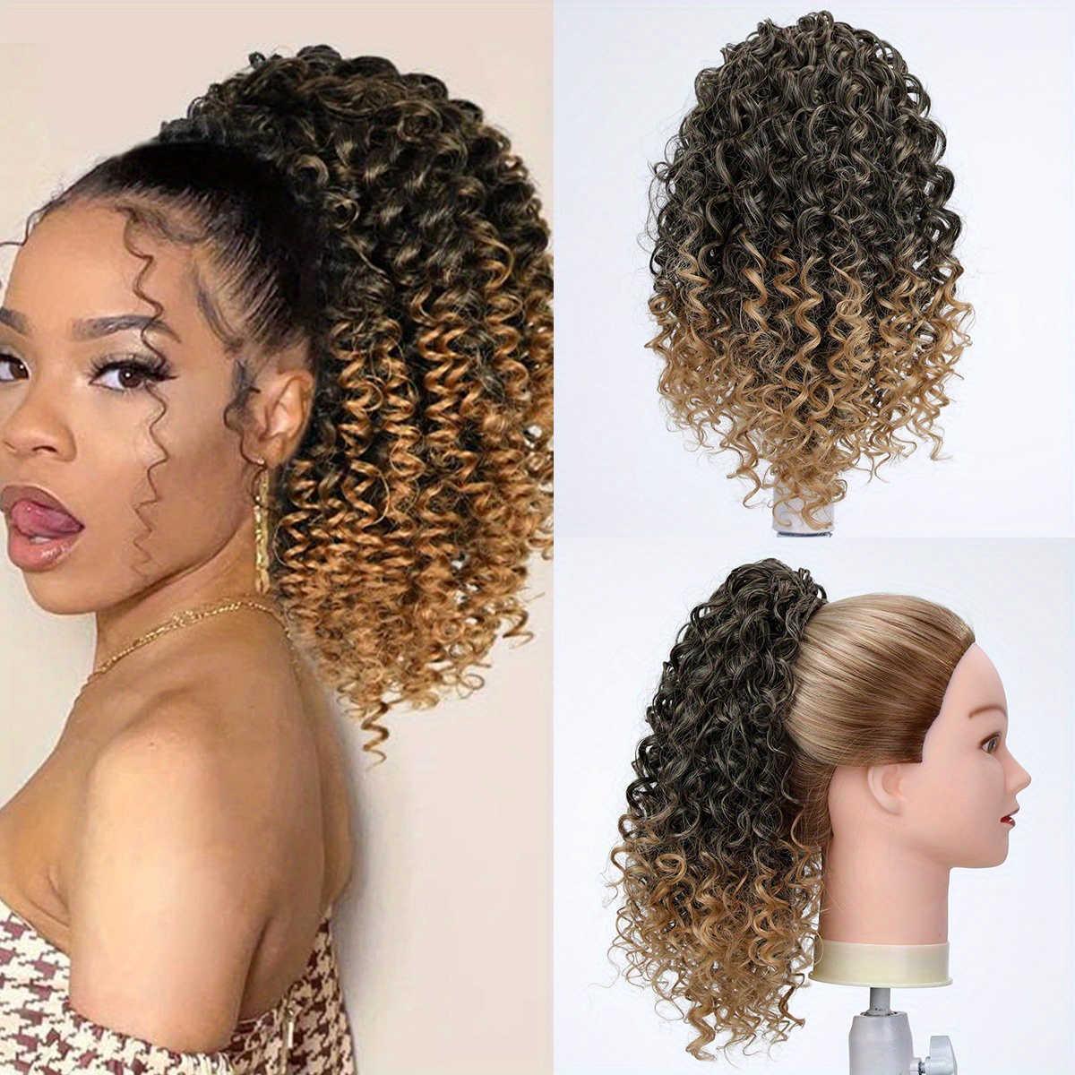 Ombre Brown Curly Ponytail Extension Drawstring Ponytails - Temu