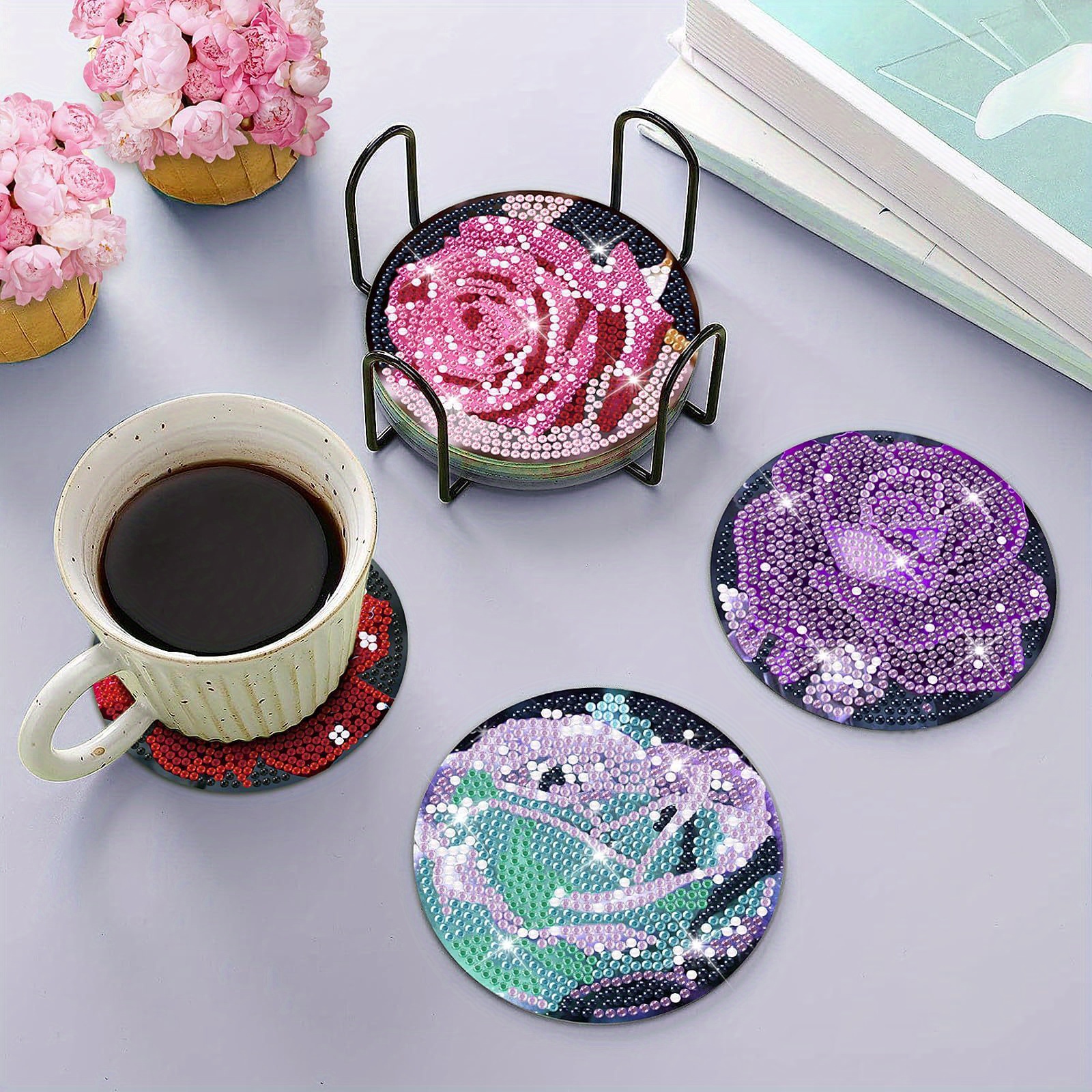 Colorful Rose Diamond Art Painting Coasters Kits Holder Diy - Temu ...