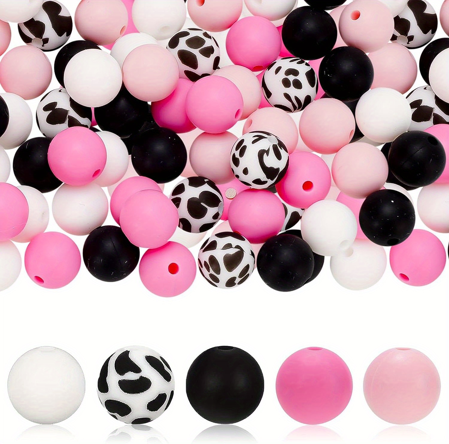 Cow Print Silicone Beads Pink Black Round Rubber Loose - Temu Canada