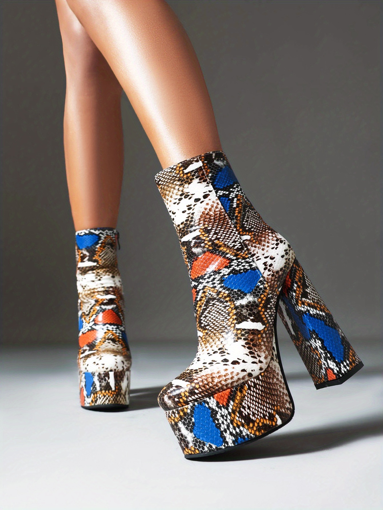 Women's Snakeskin Pattern Block Heeled Boots Fashion Side - Temu