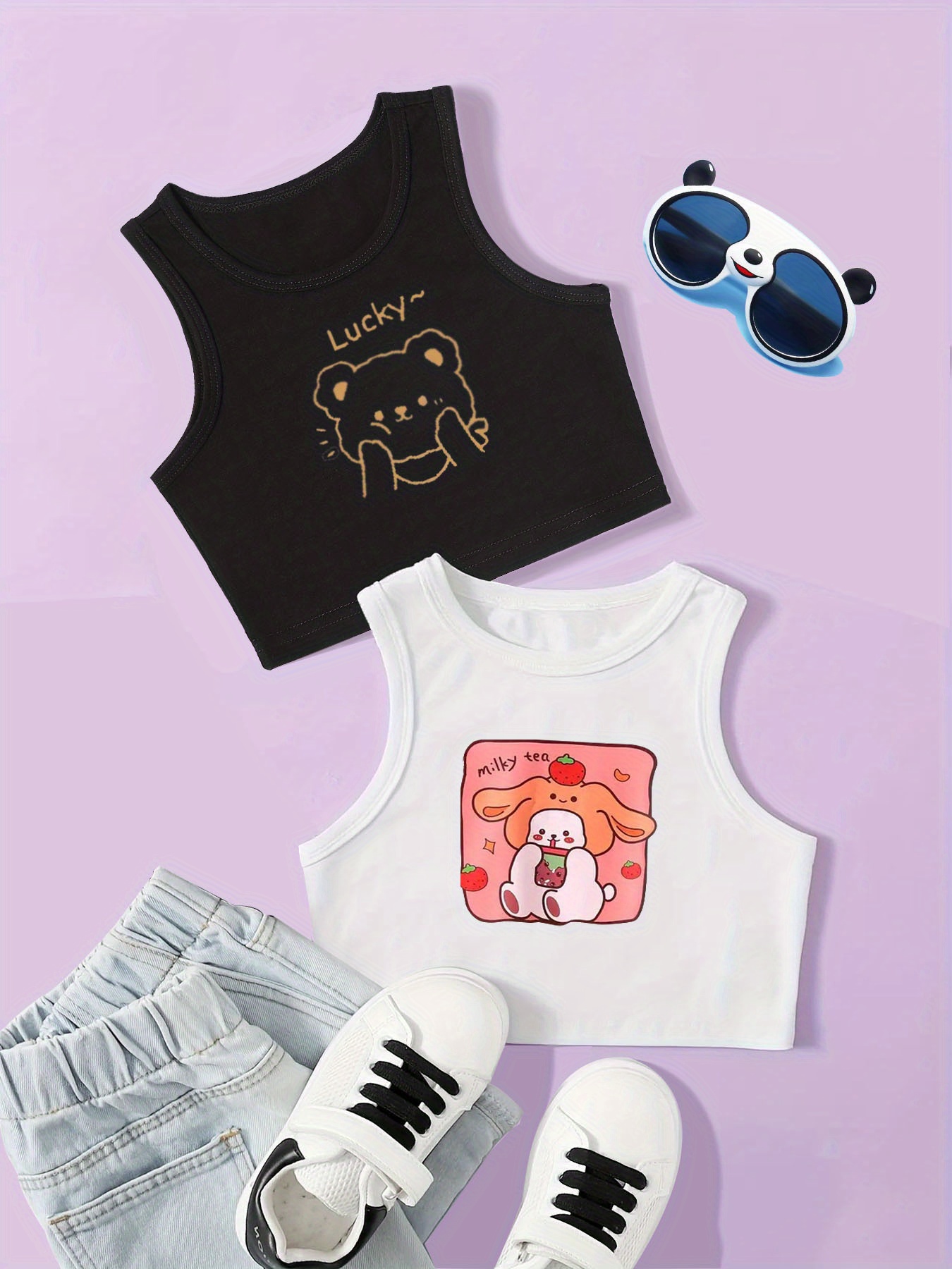 Cartoon Animal Pattern Girls Casual Sleeveless Crop Top - Temu Canada