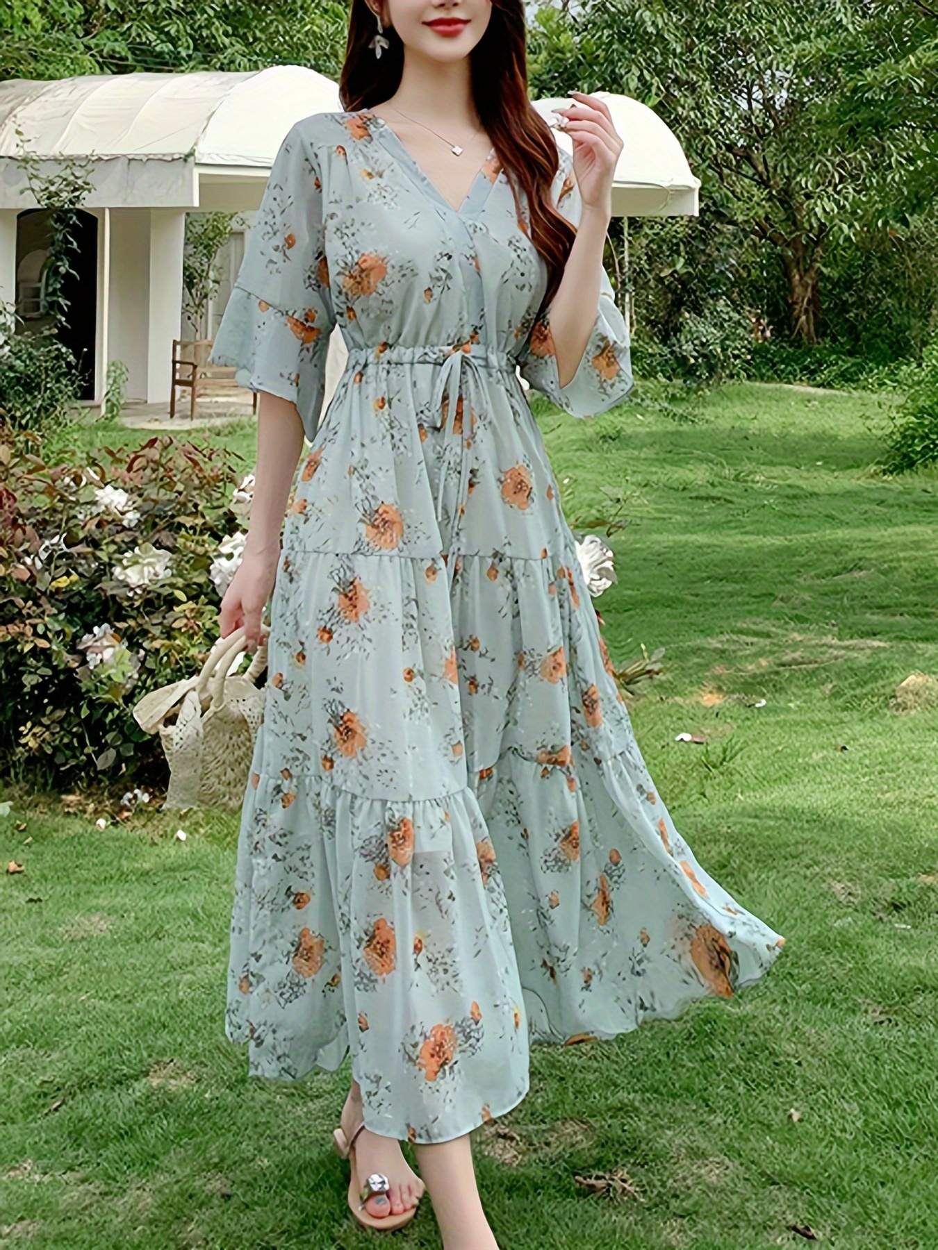 Floral Print Drawstring Dress Elegant V Neck Tiered Dress - Temu Australia