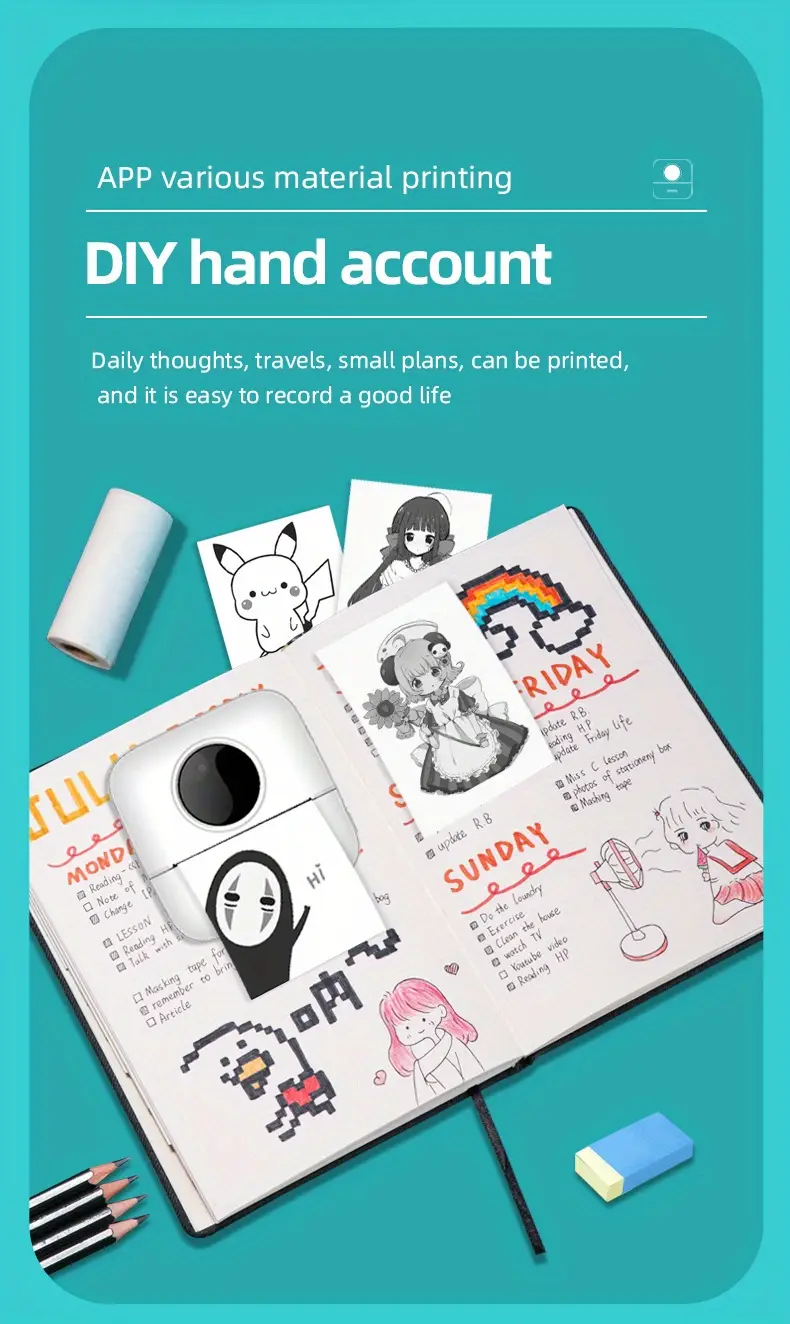 미니 편의점 프린터 잉크 프리 프린터 안드로이드 또는 Ios 앱용 앱 연결 전화 휴대용 스티커 인쇄 선물 영수증 프린터