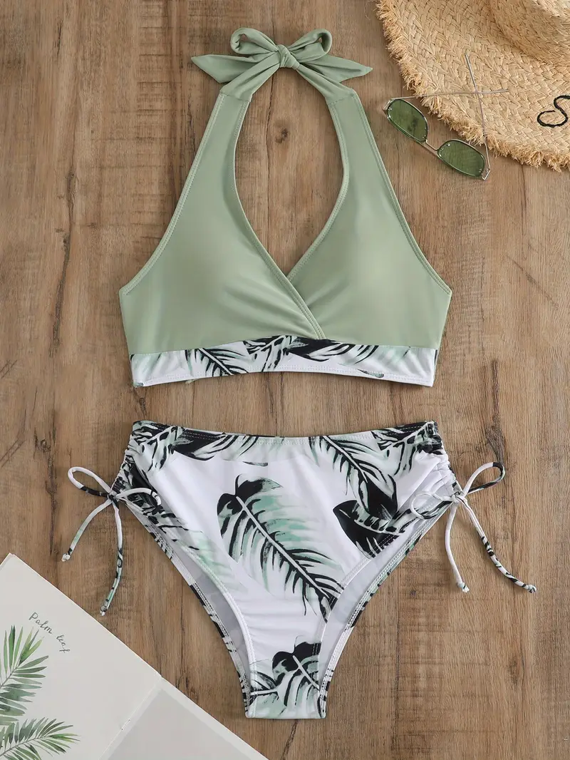 Leaf Print Layered Bikini Sets Halter V Neck Tie Side High - Temu Australia Leaf Print Layered Bikini Sets Halter V Neck Tie Side High - Temu Australia