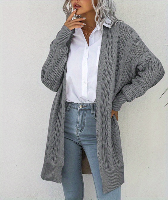 Solid Open Front Cable Knit Cardigan Casual Long Sleeve - Temu Australia