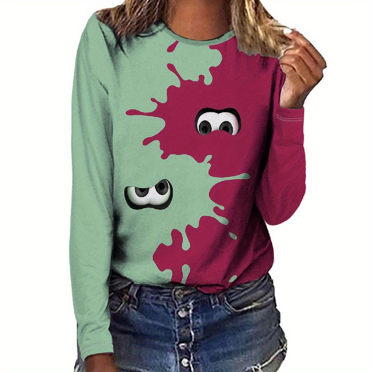 Cartoon Eye Print Colorblock T shirt Casual Long Sleeve Top - Temu