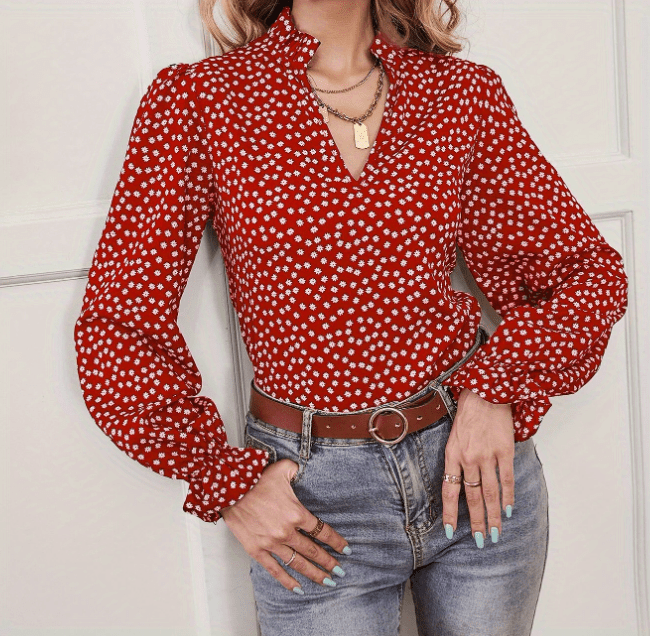 ditsy floral print v neck blouse elegant long sleeve ruffle - Temu Canada