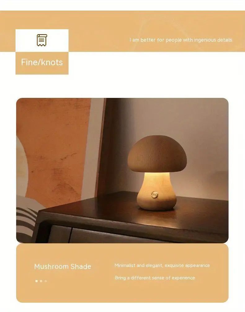 Rechargeable Table Lamp, Led Desktop Creative Mushroom Table Lamp, Wooden Table Lamp, Bedroom ...