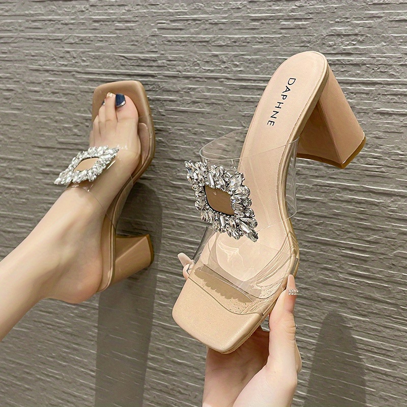 Womens Rhinestone Decor Block Heeled Sandals Fashion Square - Temu ...