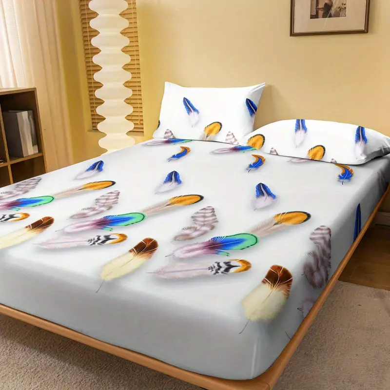Feather Print Brushed Fitted Sheet Soft Comfortable Bedding Temu