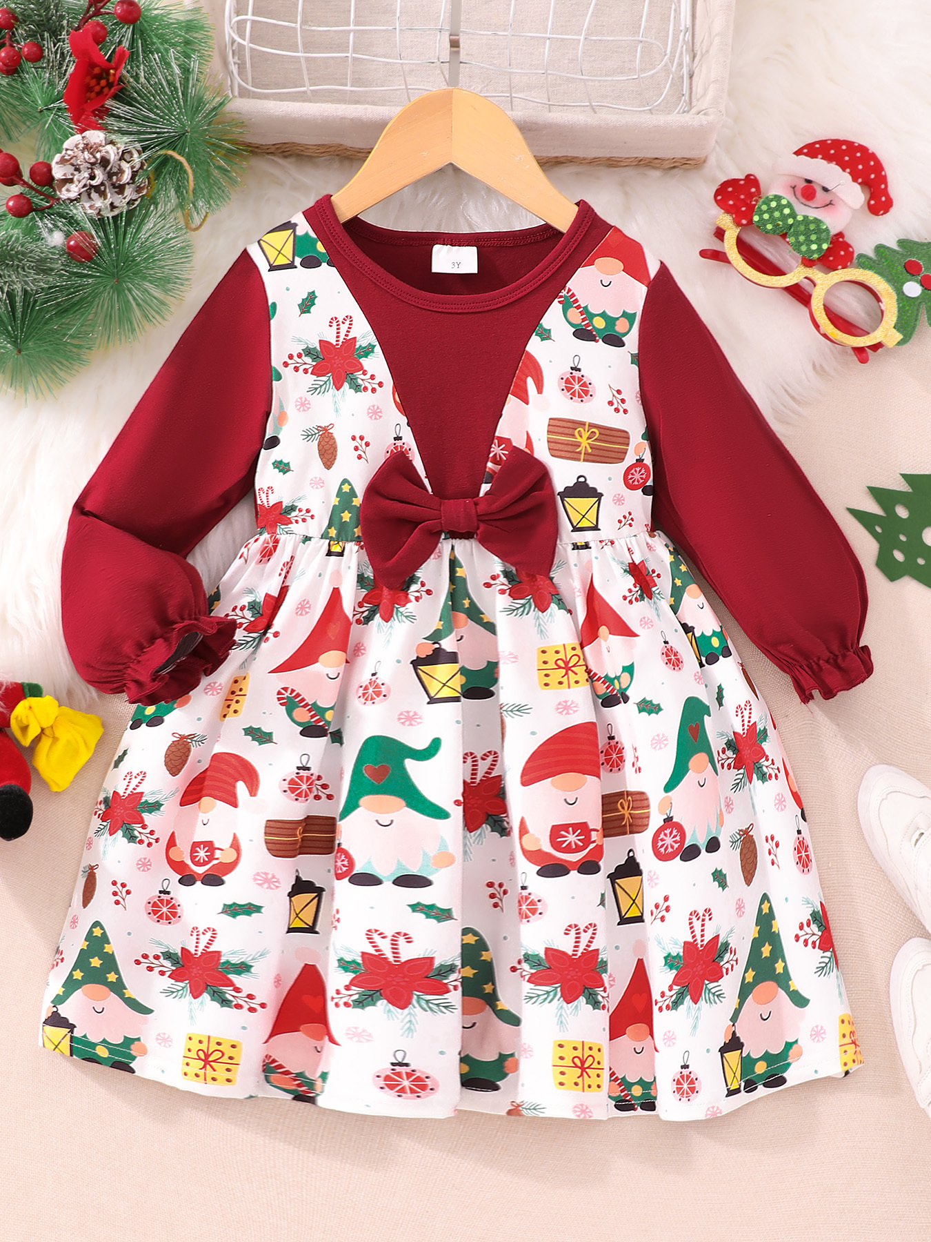 Girl's Party Dress Santa Claus Flowers Print - Temu New Zealand