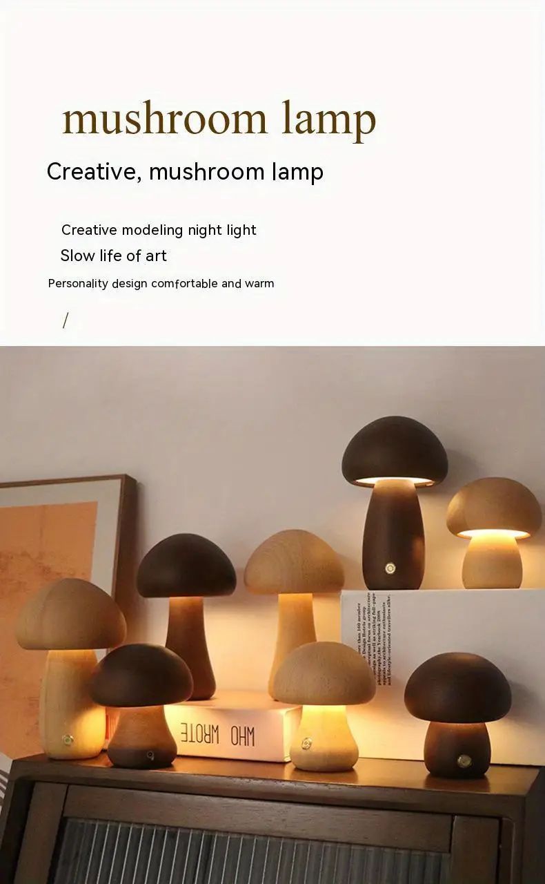 Rechargeable Table Lamp, Led Desktop Creative Mushroom Table Lamp, Wooden Table Lamp, Bedroom ...