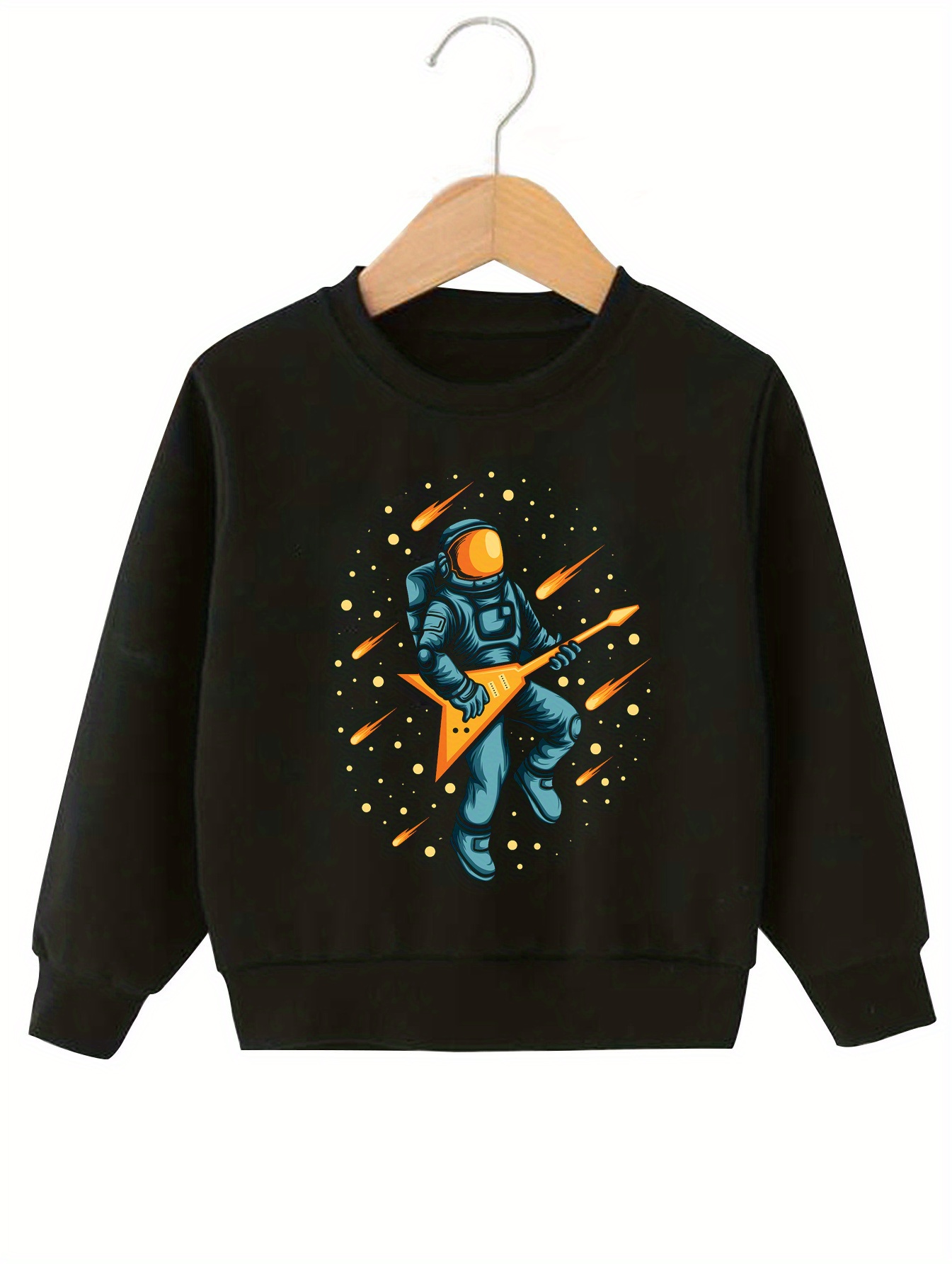 Boys Astronaut & Guitar Print Sweatshirt Cartoon Graphic Pullover Casual Long Sleeve Tops For ...