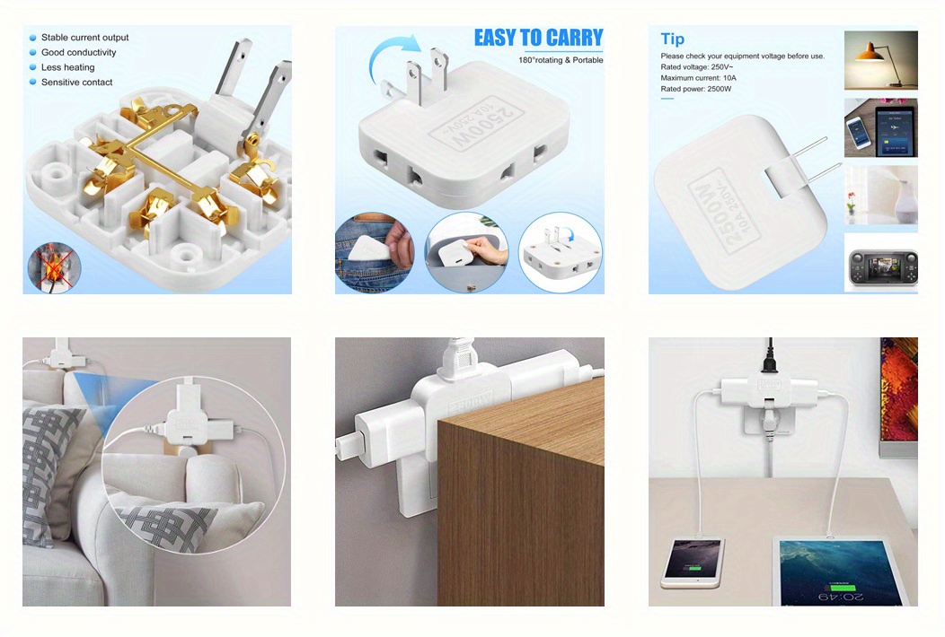 Ac Adapter 3 Way Flat Wall Outlet Extender 2 prong Swivel - Temu