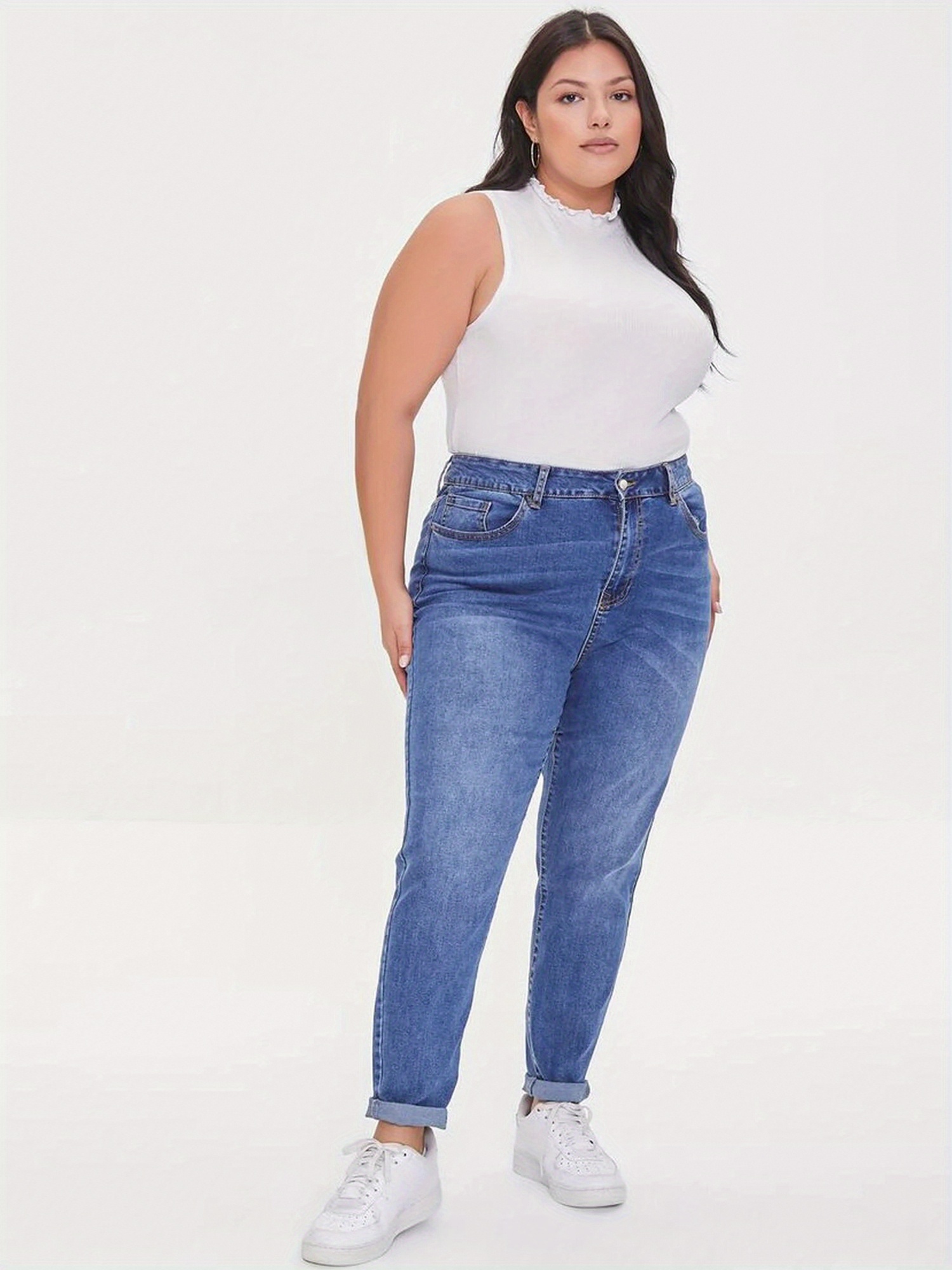 Plus Size Casual Jeans Women's Plus Solid Button Fly High - Temu United ...
