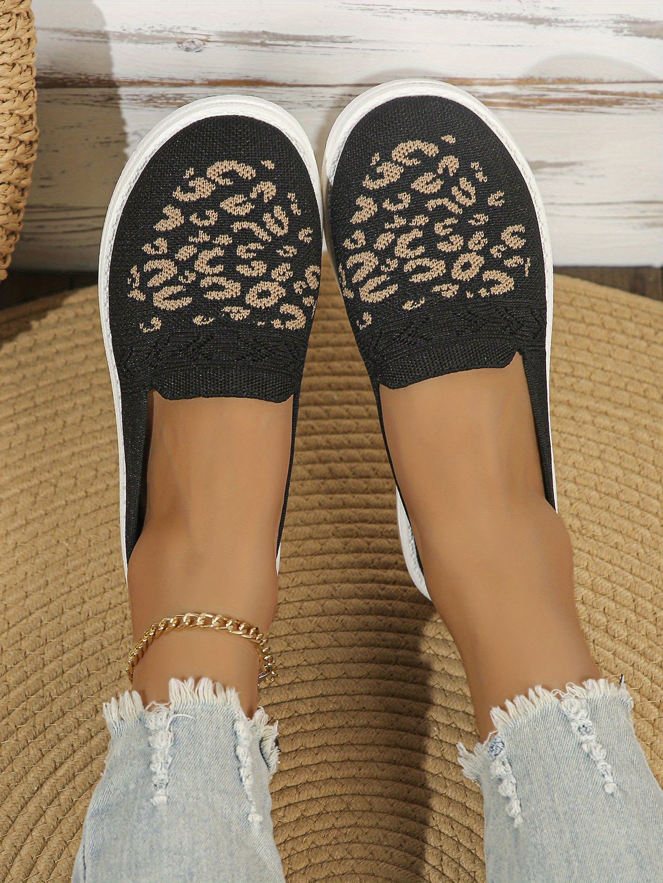 women's knitted flat shoes leopard print slip - Temu Australia