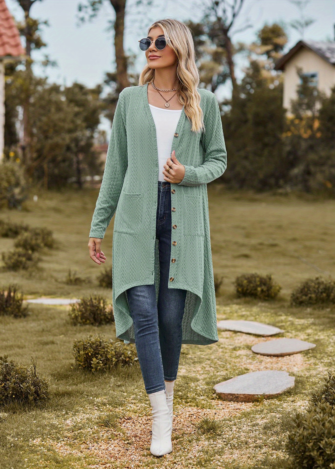 Single Breasted Patched Pockets Cardigan Versatile Solid - Temu Canada