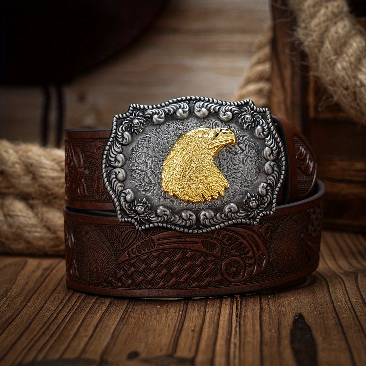 Fashion Mens Western Style Pu Leather Belt With Eagle Head Pattern ...