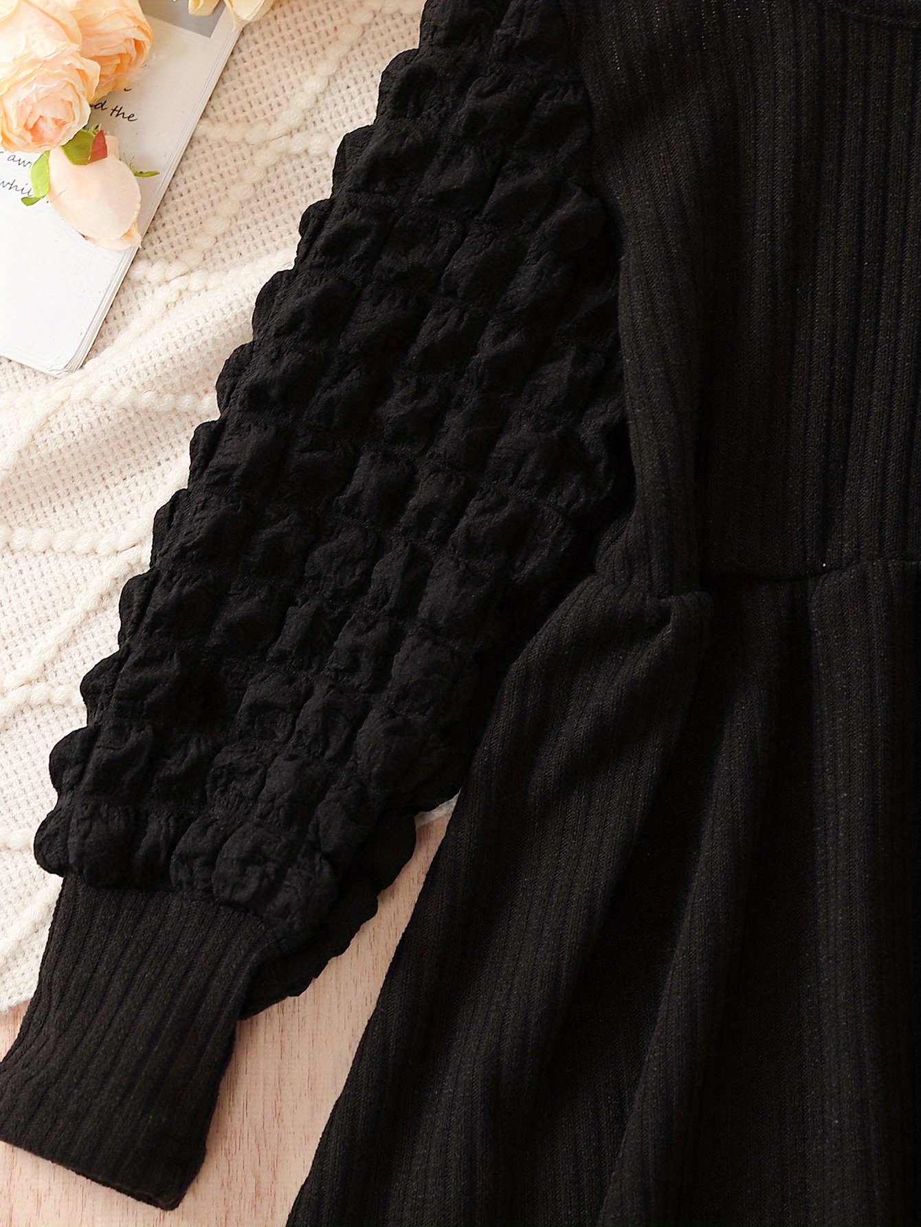 Elegant Girls' Solid Puff Sleeve Ribbed Knit Dress Kids - Temu South Africa