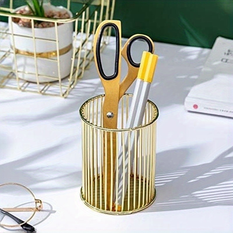 Golden Office Desk Metal Pen Holder Makeup Brush Cup Pen - Temu