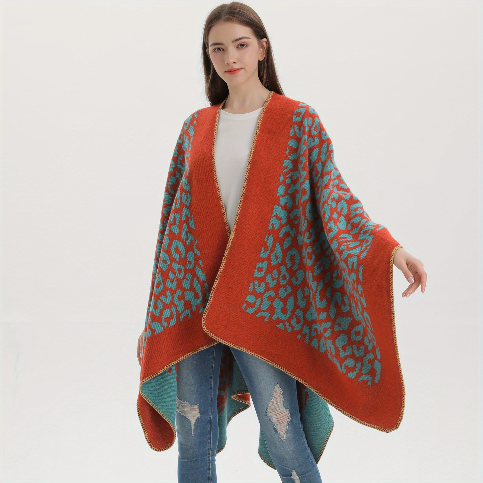 Stylish Leopard Cardigan Poncho Open Front Warm Shawl Cape - Temu Australia