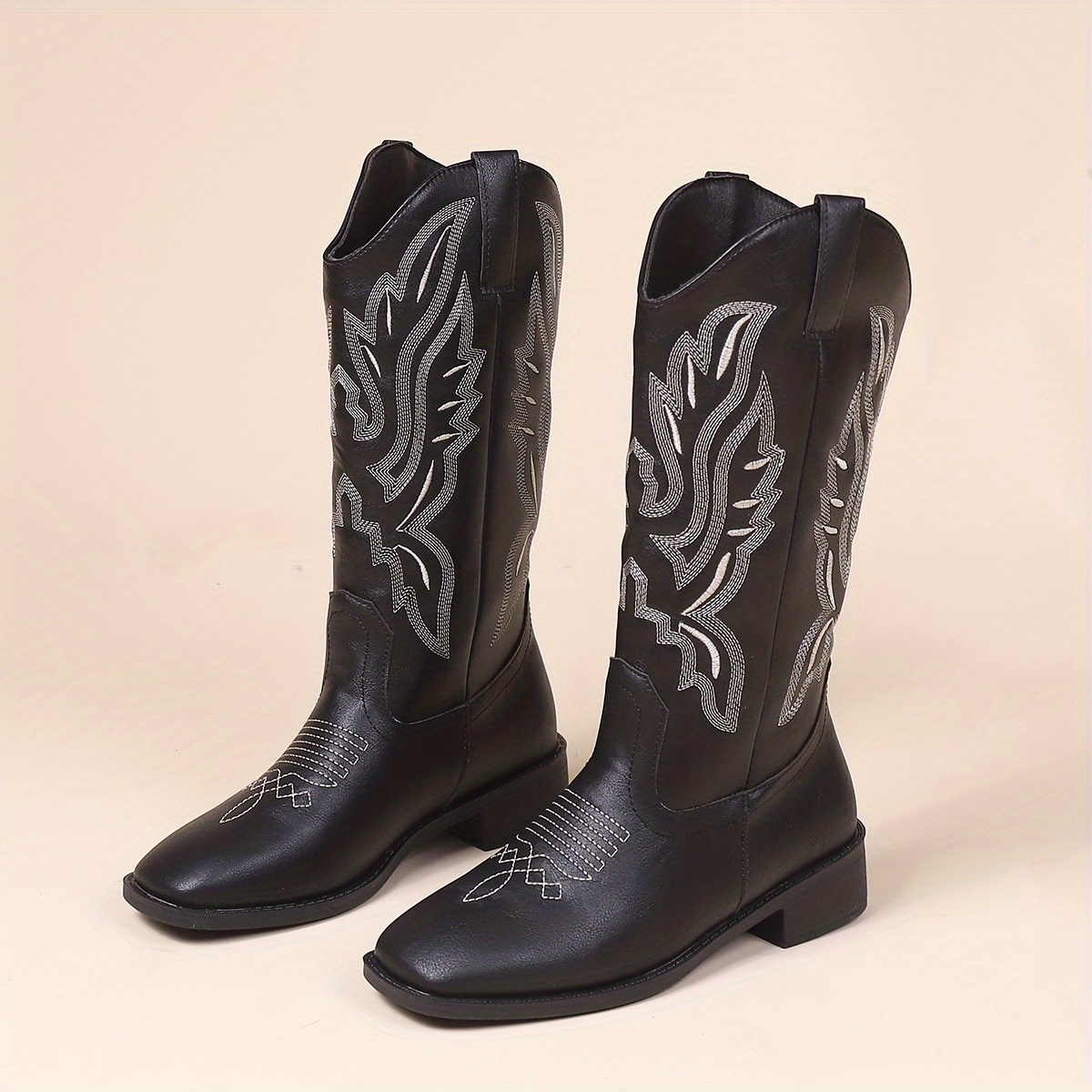 Embroidered Boots Women s Solid Color Slip Chelsea Western - Temu Australia