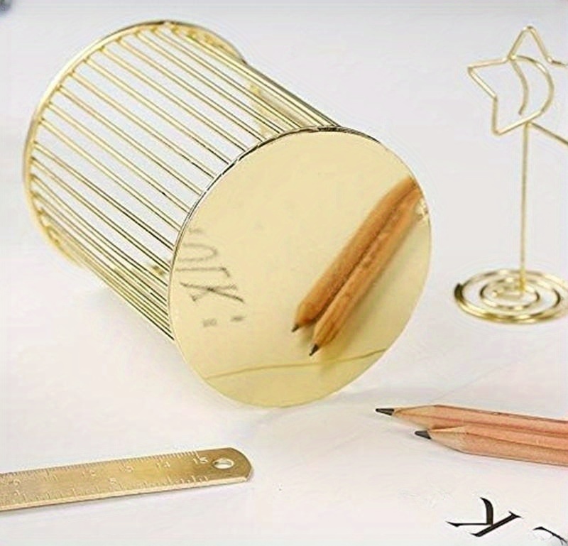 Golden Office Desk Metal Pen Holder Makeup Brush Cup Pen - Temu