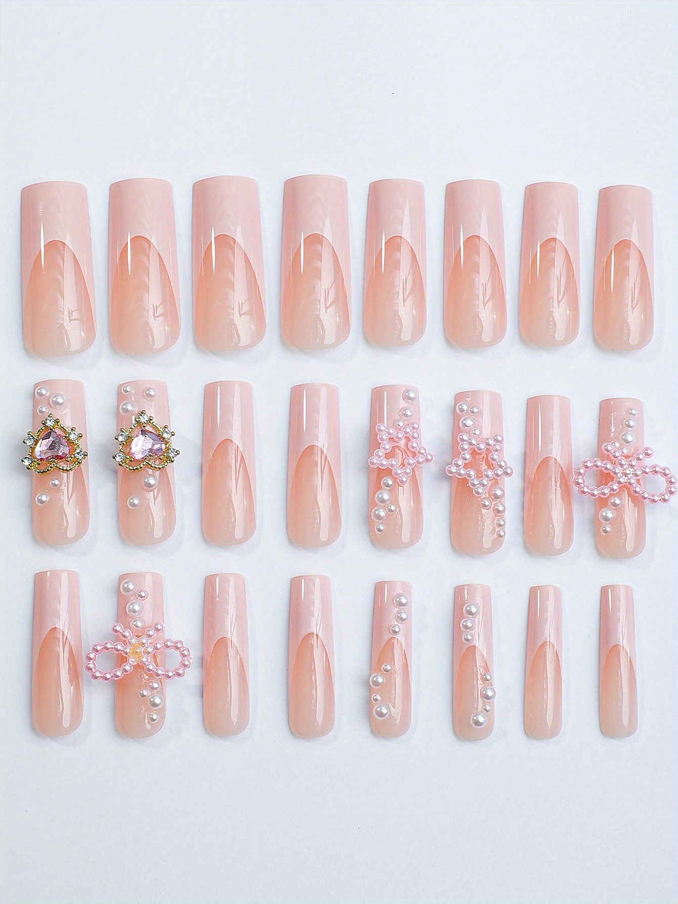 Glossy Long Nails Pink French Tip Press Nails - Temu Canada