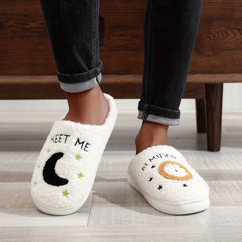 Clock Moon Pattern Fuzzy Slippers Flat Plush - Temu Canada