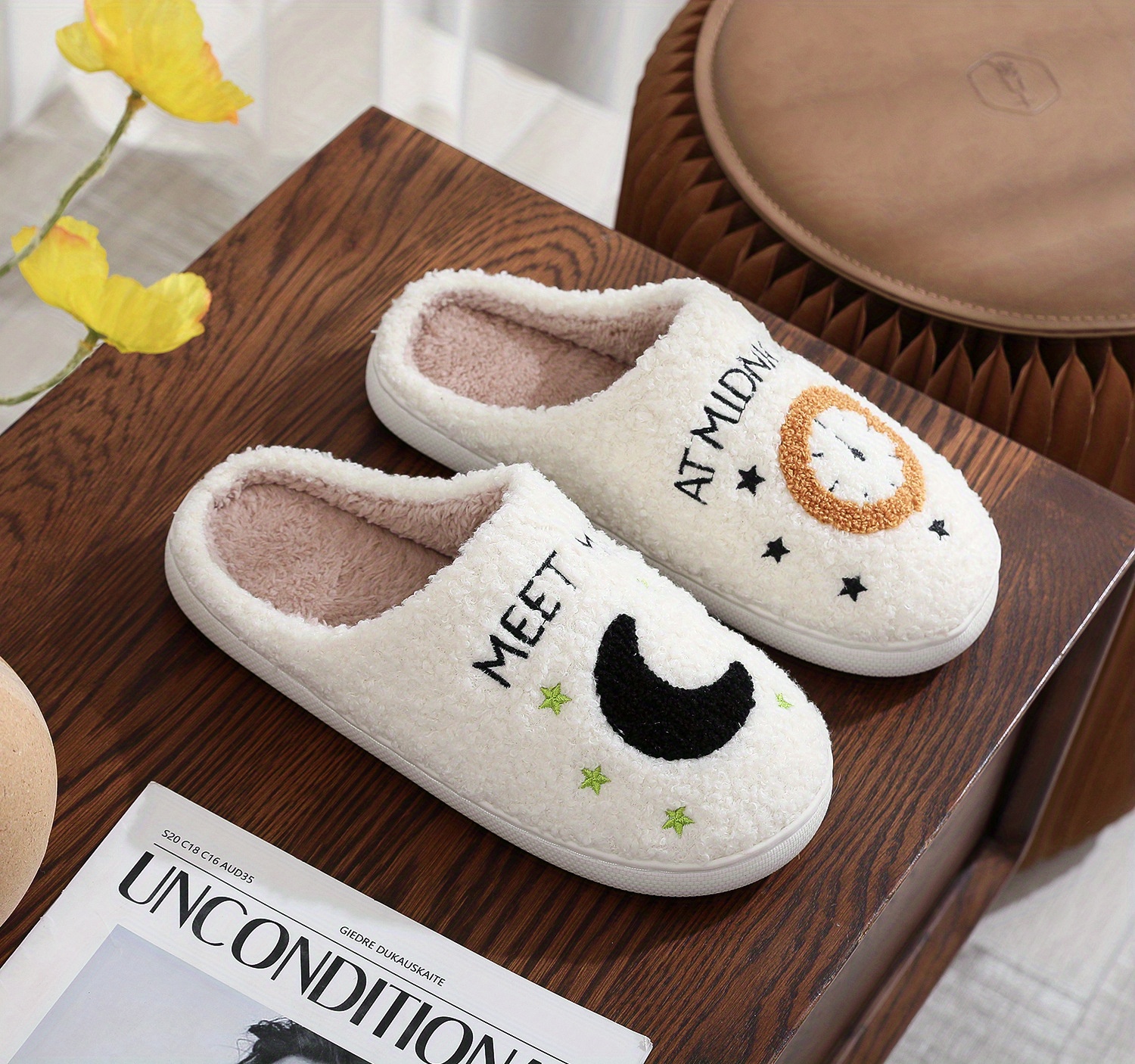 Clock Moon Pattern Fuzzy Slippers Flat Plush - Temu Netherlands