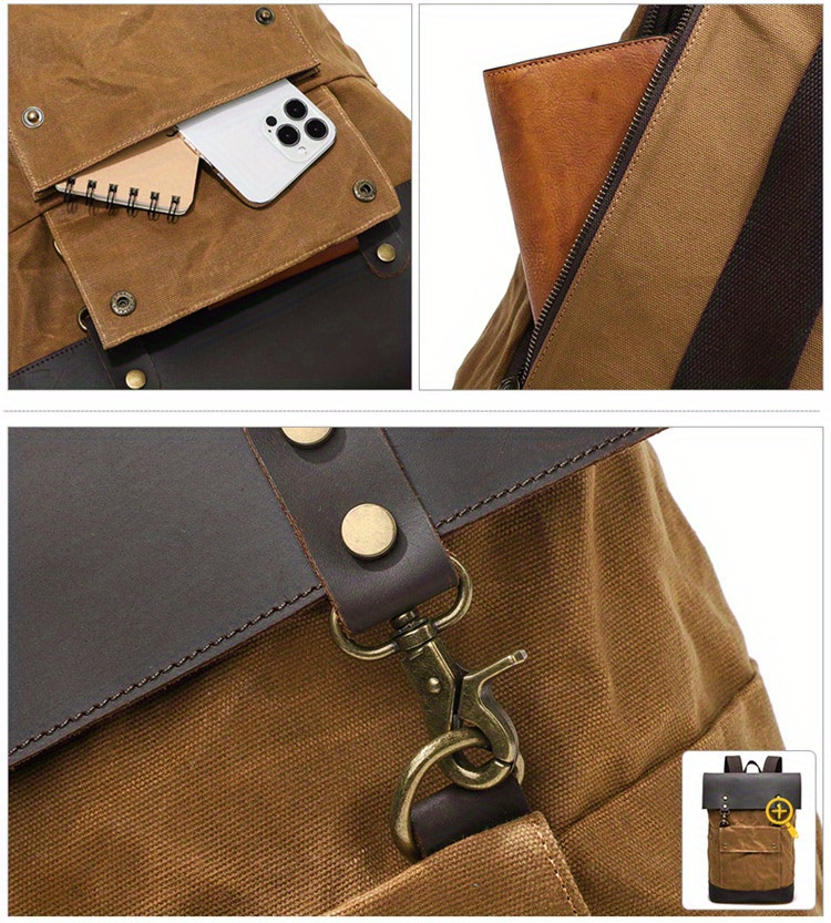 Vintage Waxed Canvas Leather Backpack Men's Shoulder - Temu