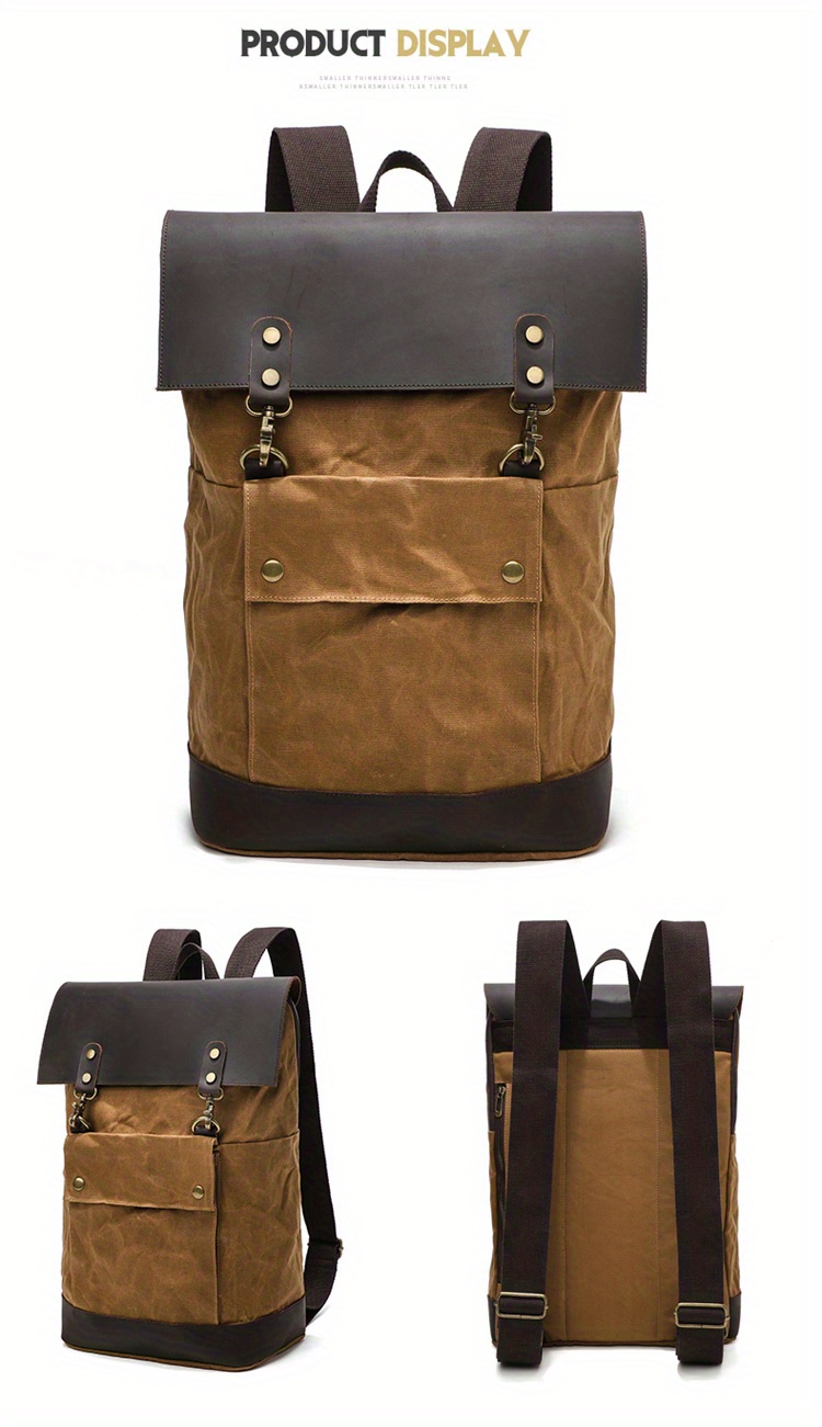 Vintage Waxed Canvas Leather Backpack Men's Shoulder - Temu